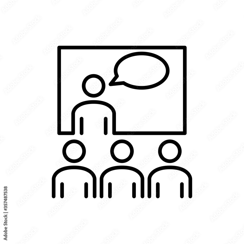 Símbolo curso de formación. Icono plano hombre con pizarron y burbuja ...