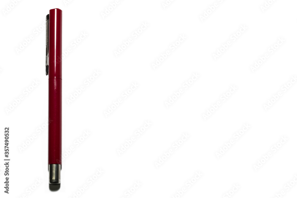 Red fountain pen with closed cap, lying on the left side, isolated on ...