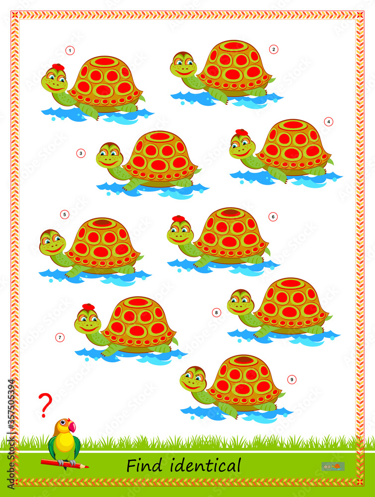 Logic puzzle game for children and adults. Find two identical turtles ...