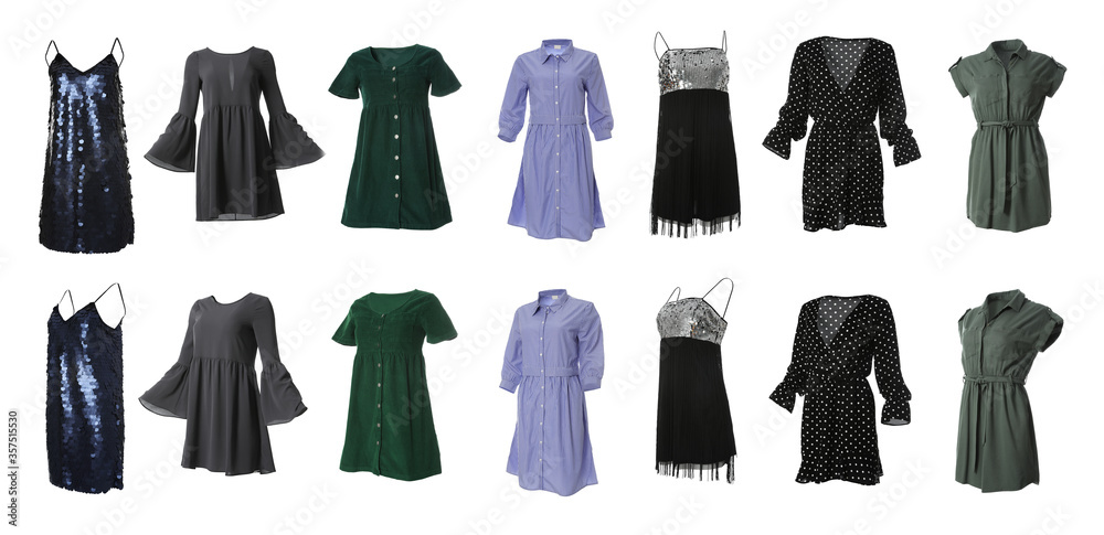 Set of different stylish dresses on white background. Banner design ...