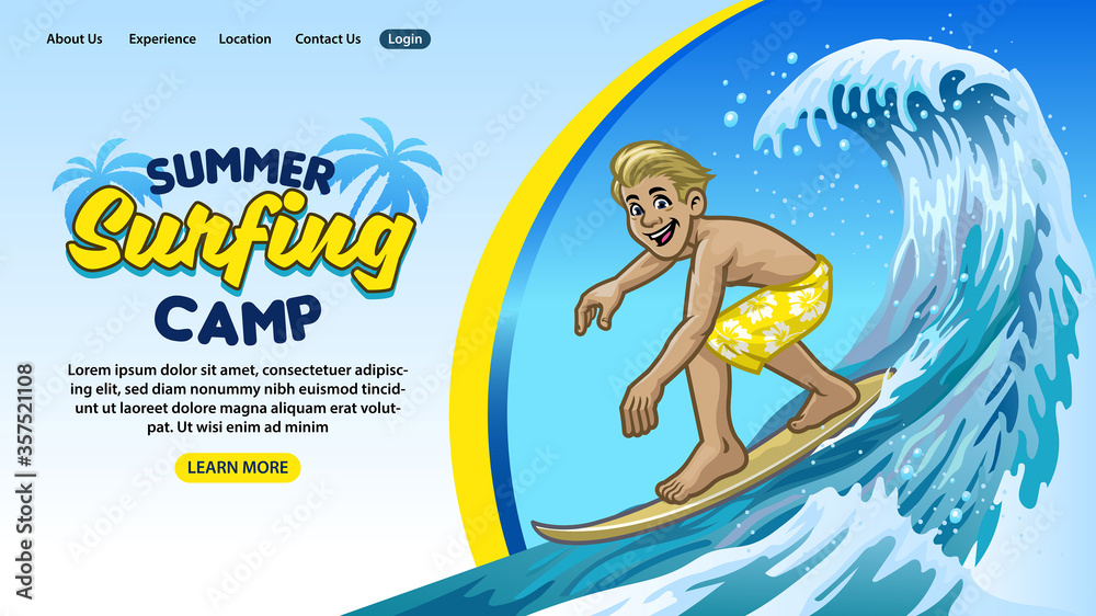 Poster landing page design of surfing summer camp concept in cartoon ...