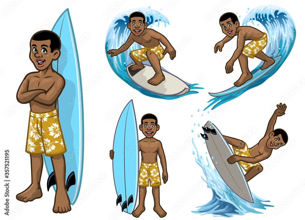 set of cartoon black young surfer Stock Vector | Adobe Stock
