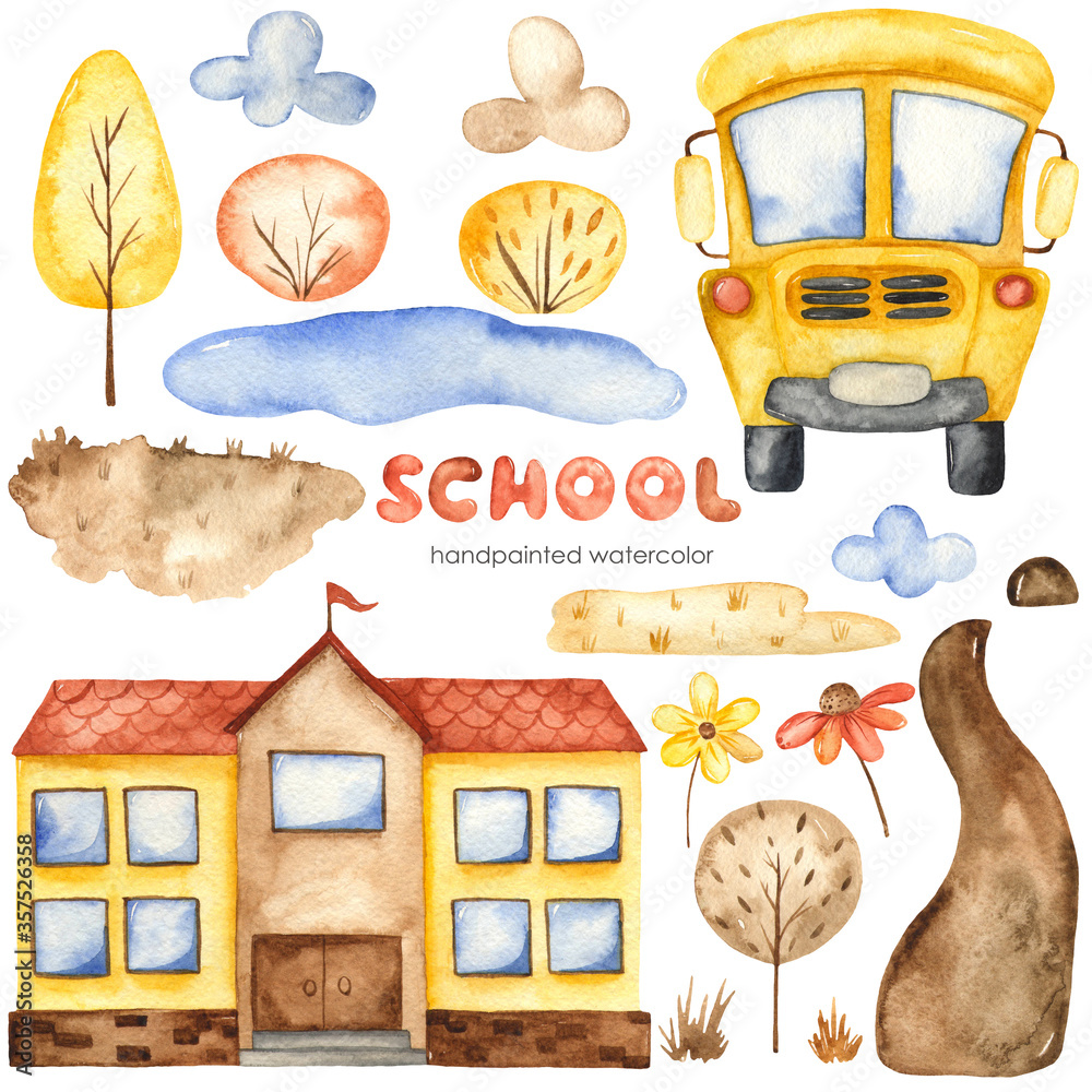 Watercolor school set with school bus, school building, trees, road ...