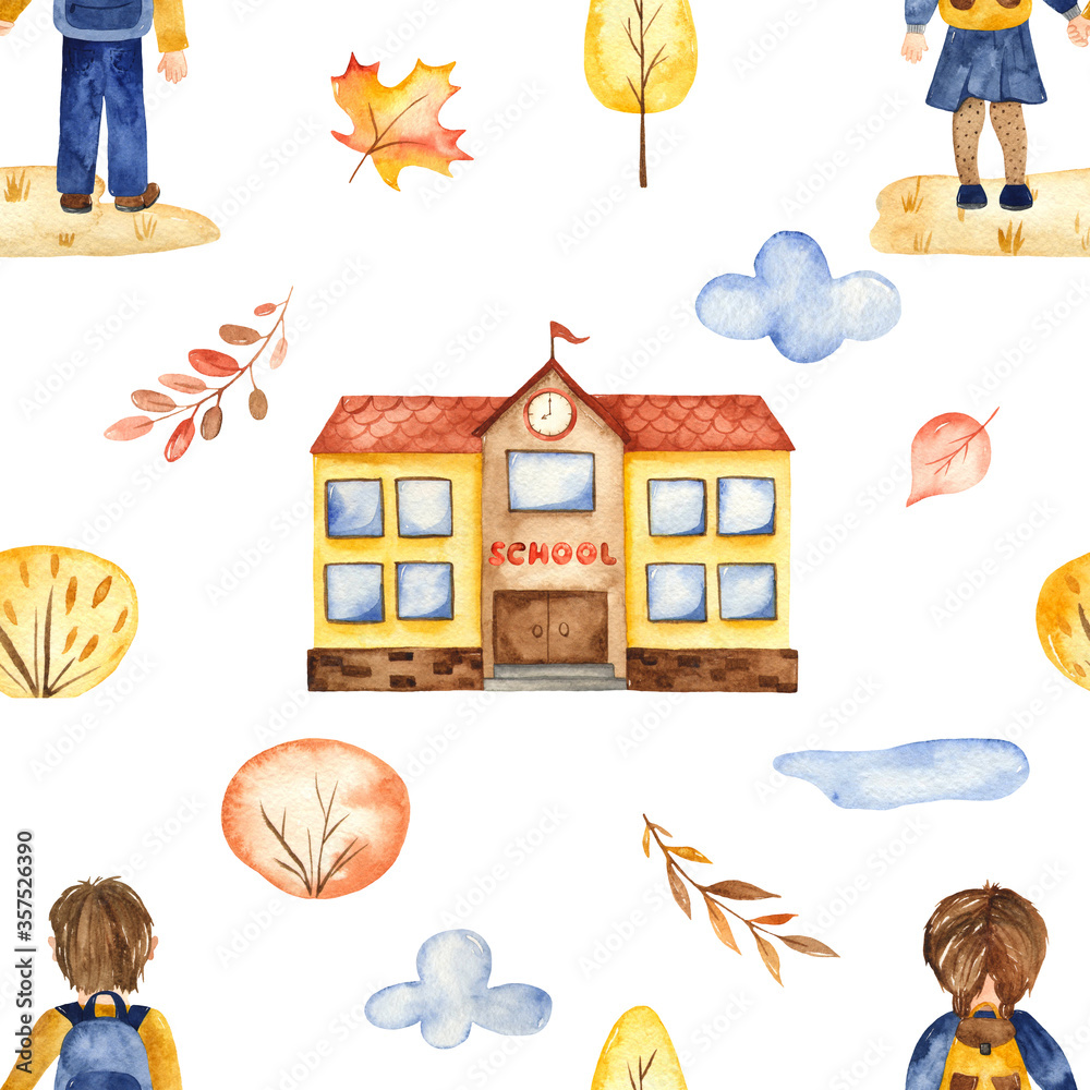 Watercolor seamless pattern with school students, school building ...