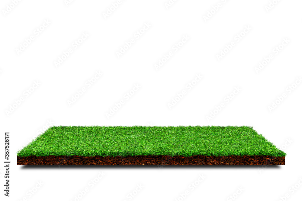 Side view of Square artificial green grass covered brown soil ground ...