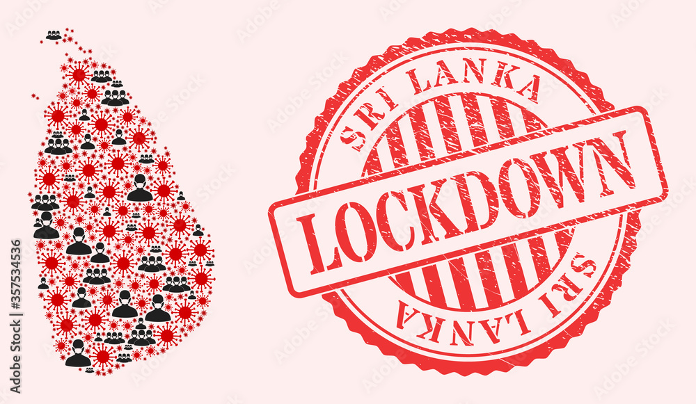 Vector collage Sri Lanka map of covid-2019 virus, masked people and red ...