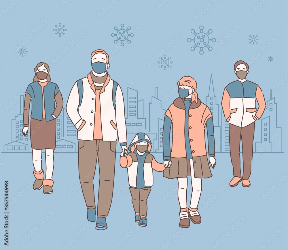 Cartoon characters wearing protective face masks. Family protects ...