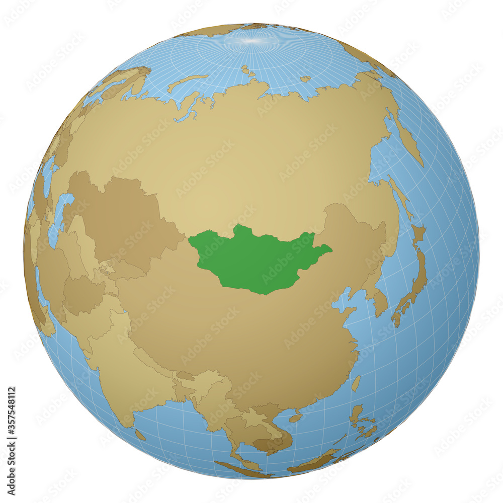Globe centered to Mongolia. Country highlighted with green color on ...