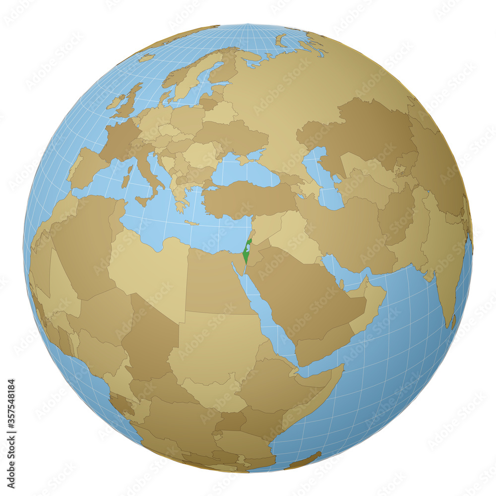 Globe centered to Israel. Country highlighted with green color on world ...