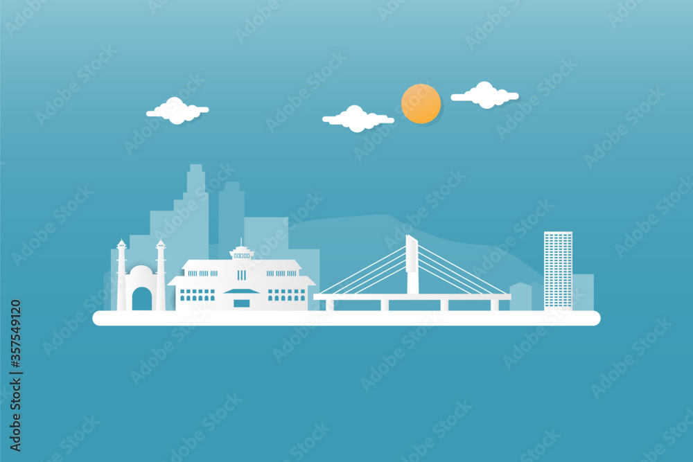 Vetor de Flying Bandung City skyline using paper cut design, with ...