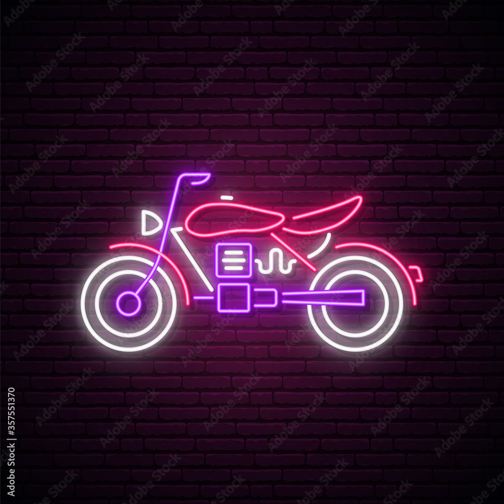 Neon motorcycle sign. Bright neon motorcycle emblem on dark brick ...