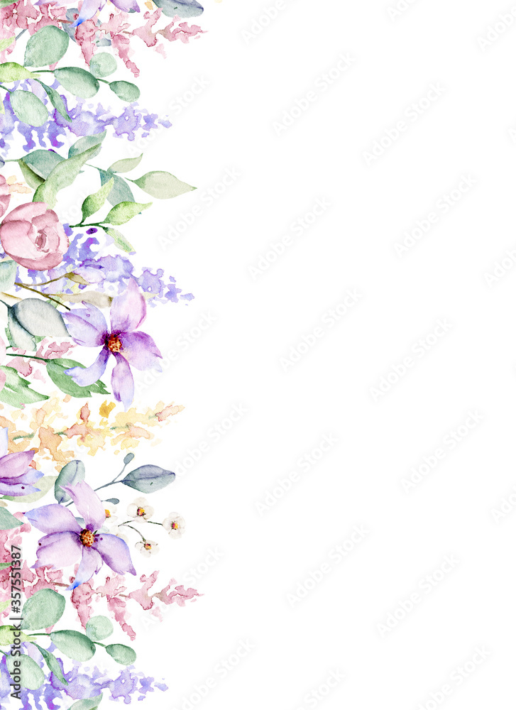 Birthday background. Watercolor flower border. Greeting card template ...