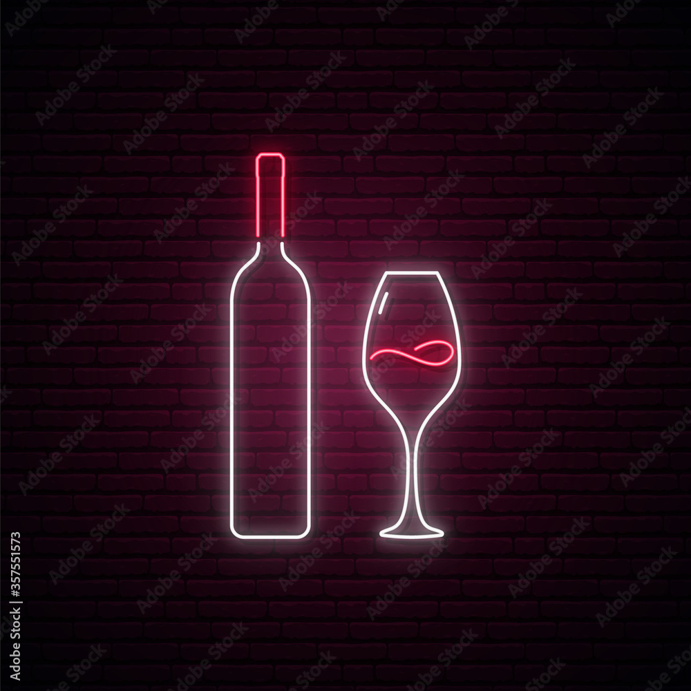 Neon wine sign. Bright glowing wine bottle and glass isolated on dark ...