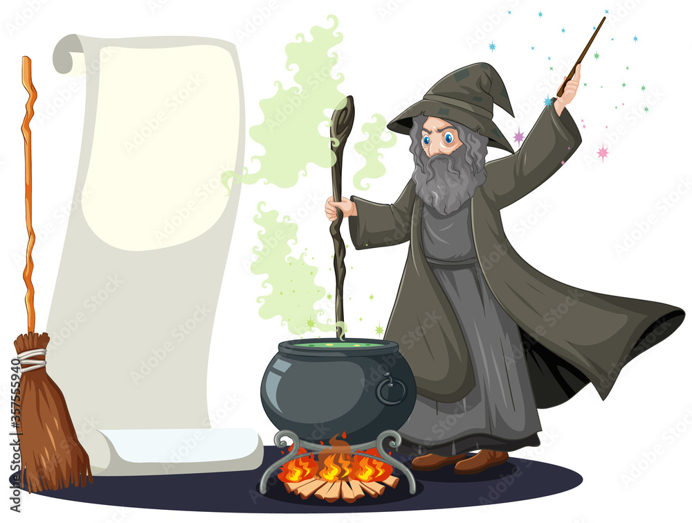 Old wizard with black magic pot and broomstick and blank banner paper ...