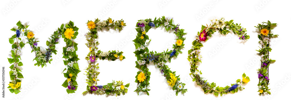 Flower, Branches And Blossom Letter Building English Word Merci Means ...