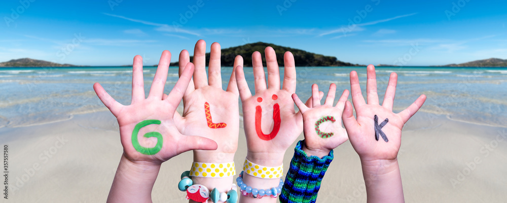 Children Hands Building Colorful German Word Glueck Means Luck. Ocean ...