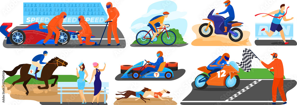 People racing vector illustration set. Cartoon flat sportsman character ...