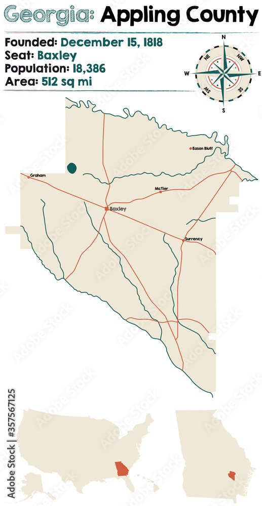Large and detailed map of Appling county in Georgia, USA. Stock Vector ...
