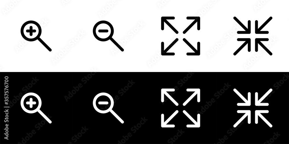 Zoom icon set. Flat design icon collection isolated on black and white ...