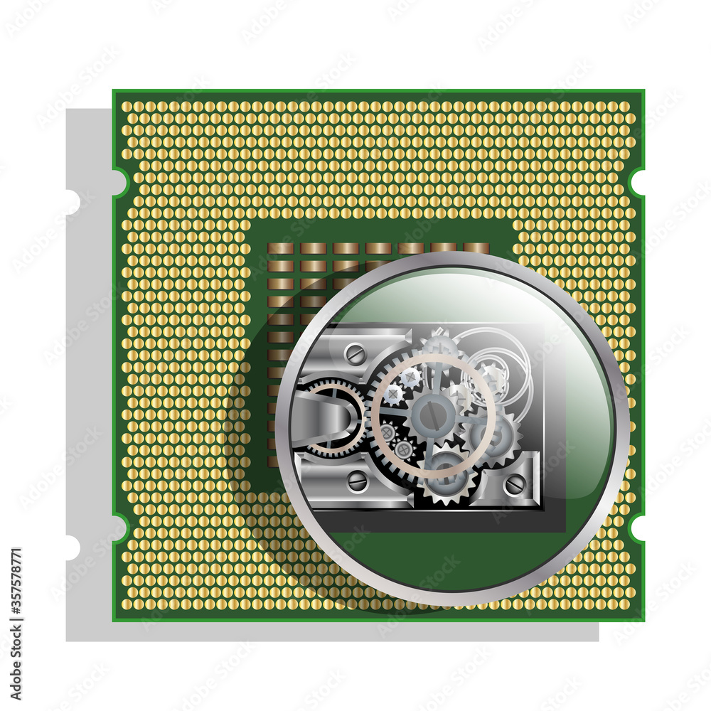 Abstract part of a computer processor with a magnifying glass and gear ...