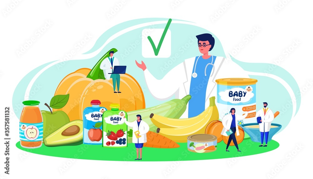 Baby food control, approved by doctor, vector illustration. Natural ...