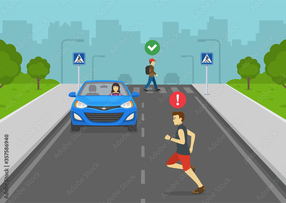 Cross only at designated crosswalks. Pedestrian crossing street. Man ...