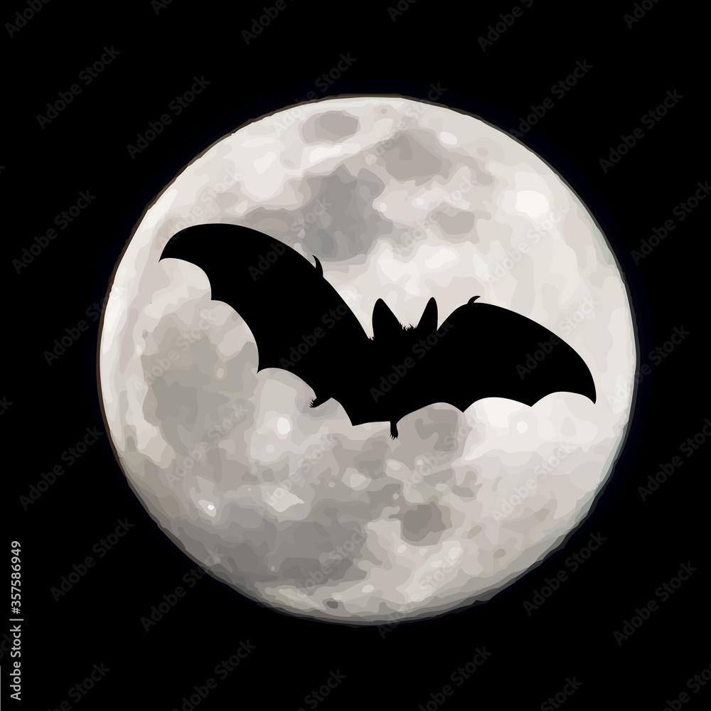 Vector silhouette of flying bat on moon background. Symbol of night ...