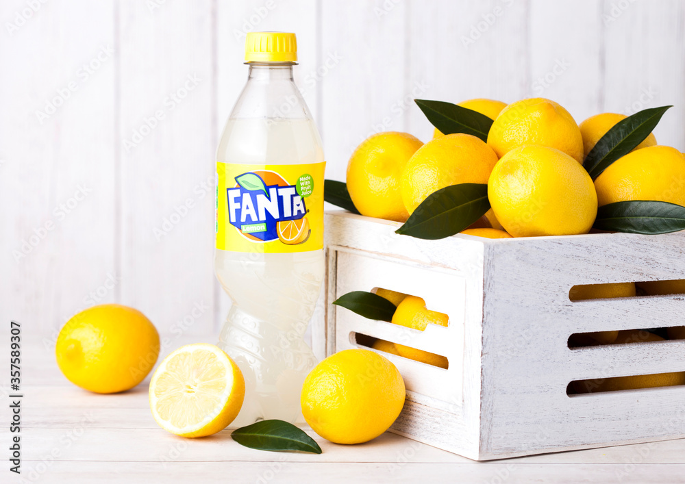 LONDON, UK - APRIL 27, 2018: Plastic bottle of Fanta Lemon soft drink ...
