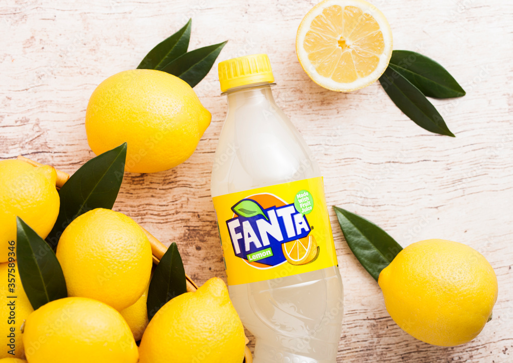 LONDON, UK - JANUARY 15, 2019: Plastic bottle of Fanta Lemon soft drink ...