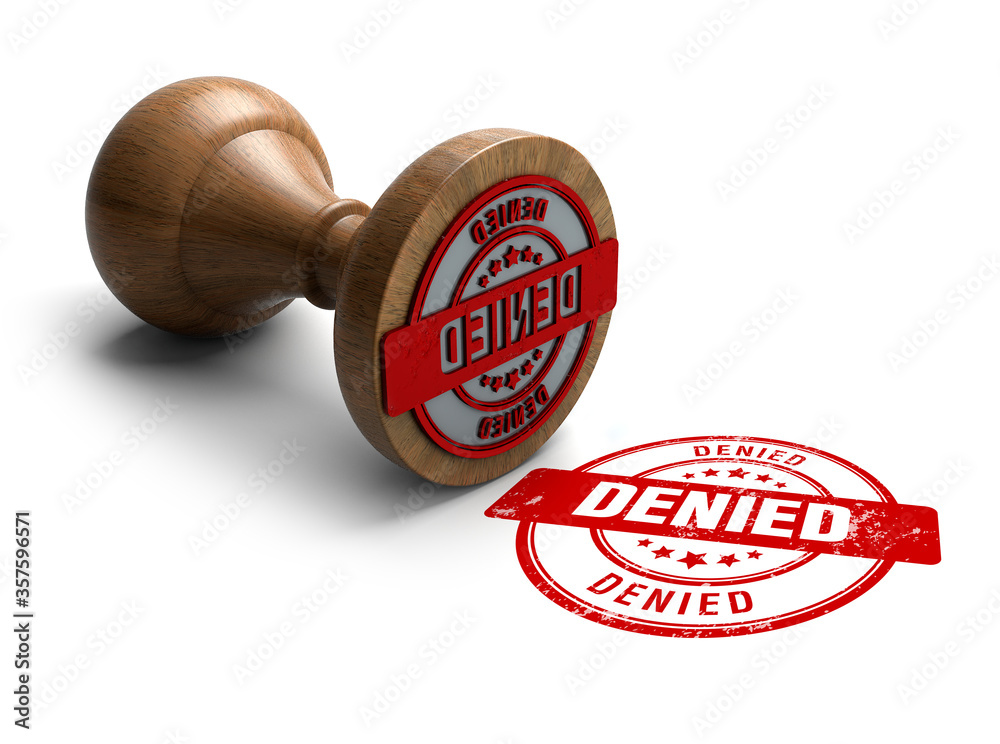 Denied stamp. Wooden round stamper and stamp with text Denied on white ...