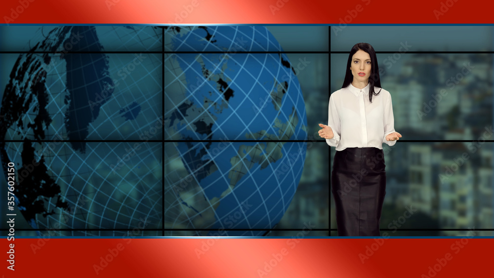 Elegant female newscaster telling the news in tv studio Stock Photo ...