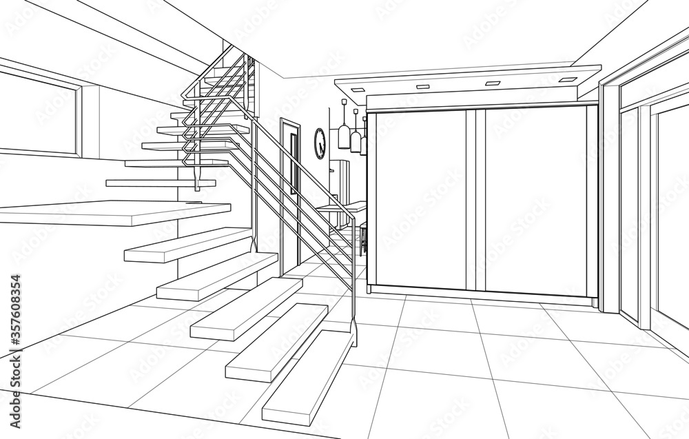 sketch of interior hall stairs 3d illustration Stock Vector | Adobe Stock