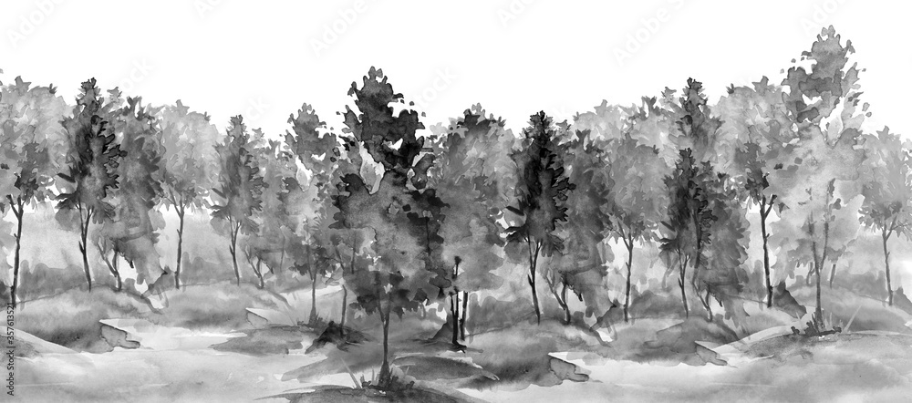 watercolor pattern. Autumn landscape, forest, park. Silhouettes of ...