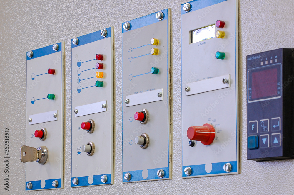 Switches on an industrial control board. Lamp indicator and switch of ...