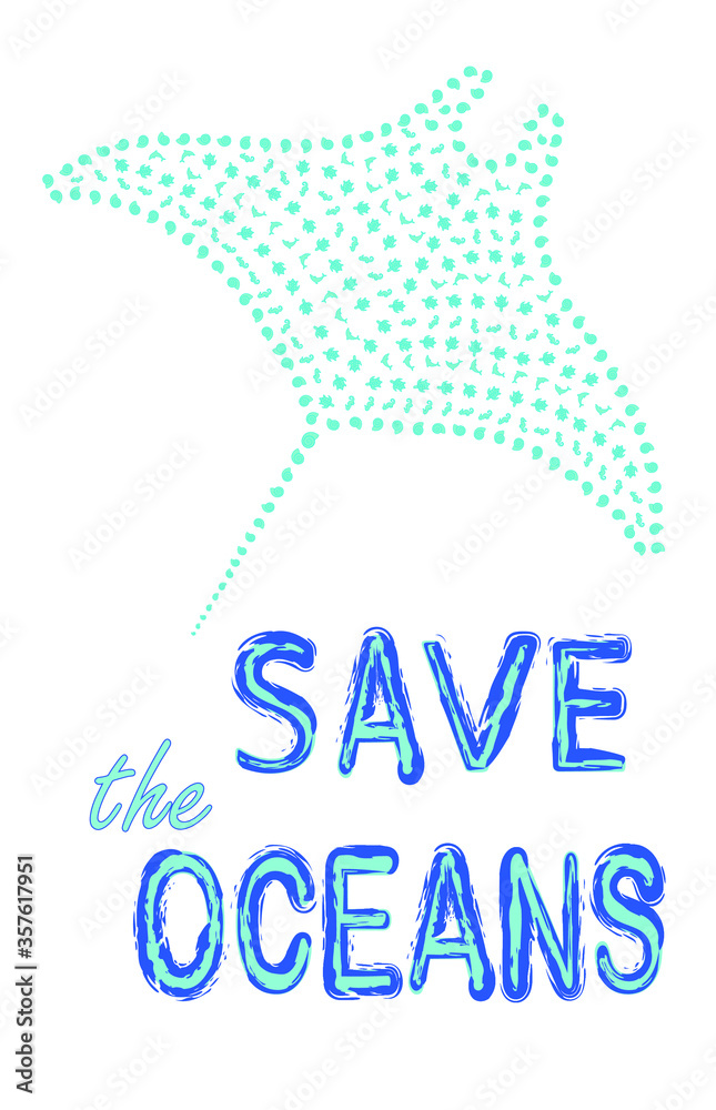 Save the oceans poster with mantas painted with dolphins, sea turtles ...