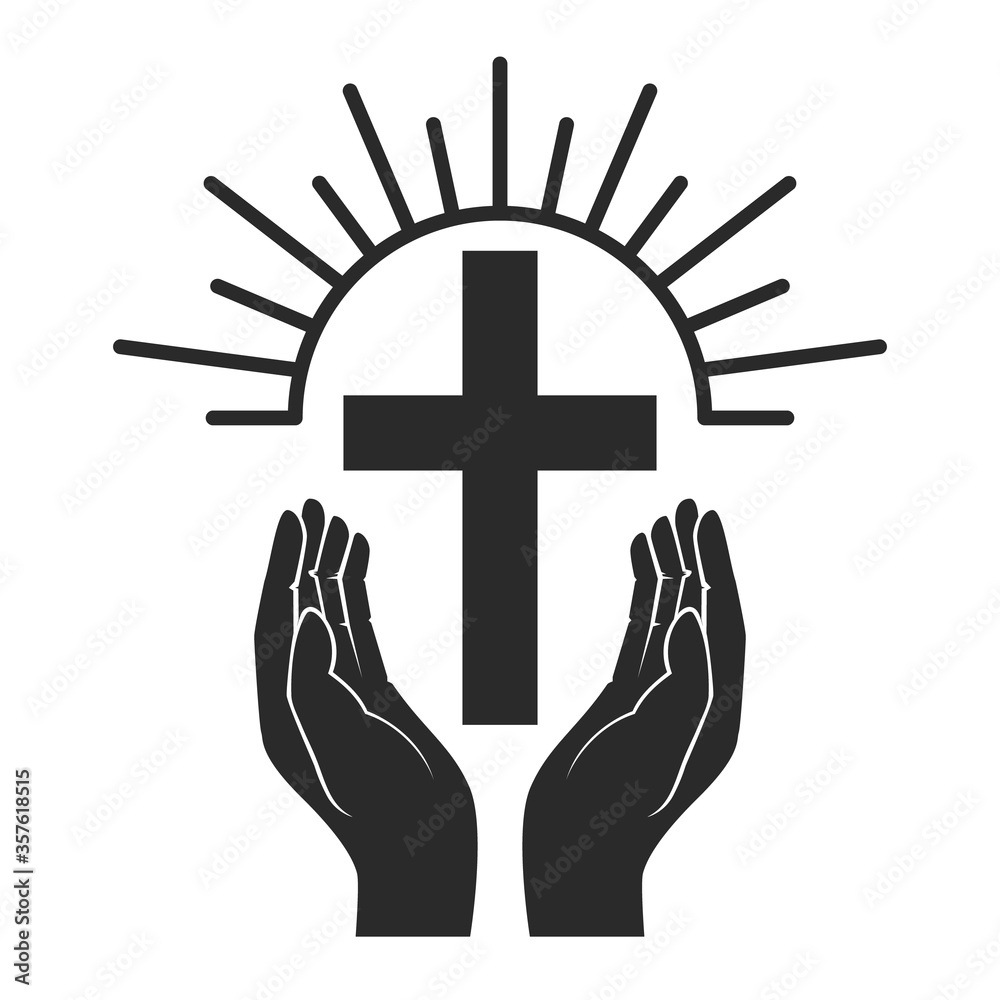 Hands with shining holy cross. Design element for logo, label, emblem ...