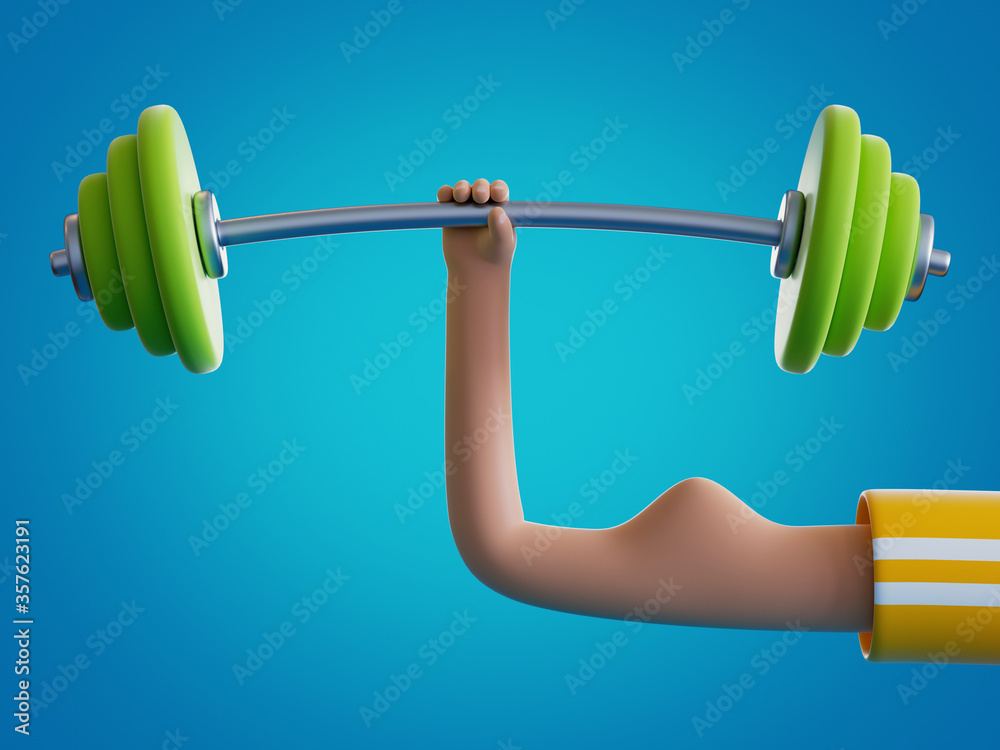 3d render cartoon hand holds barbell, isolated on blue background ...