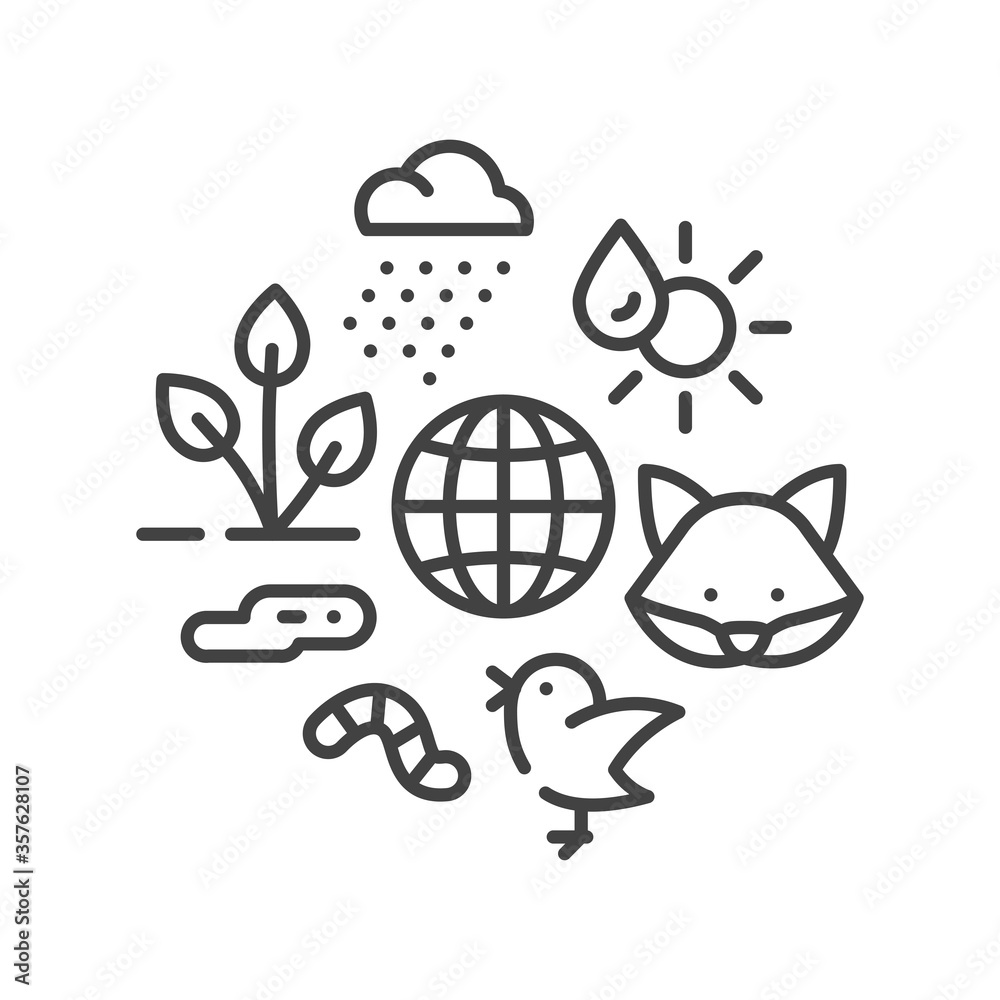 Ecosystem black line icon. Sustainable biodiversity and animal friendly ...