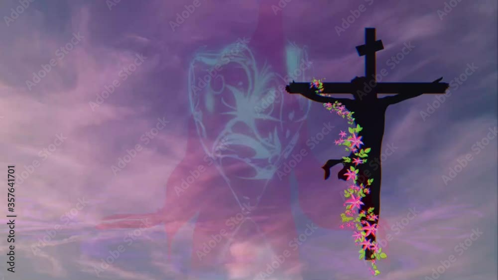 Jesus Christ on the cross, on earth and in heaven. Jesus lives ...