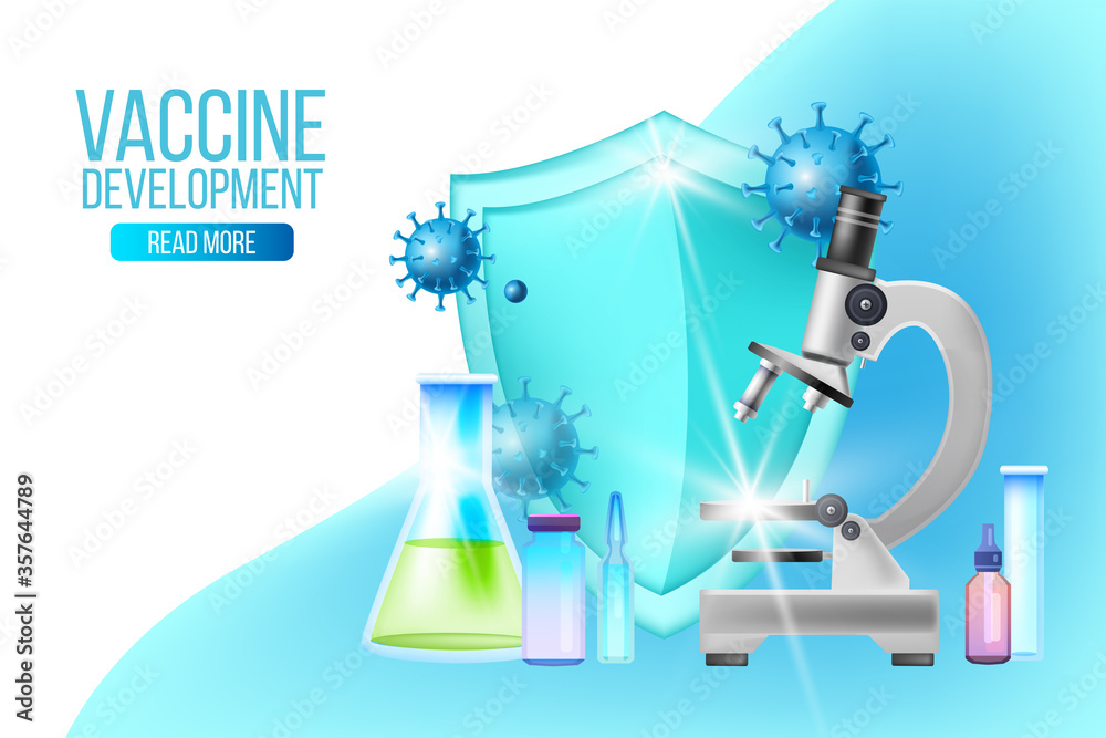 Vaccine development banner in blue colors with microscope, test tubes ...