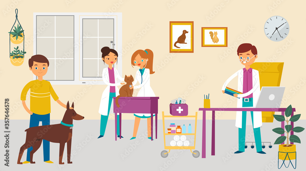 Modern veterinary surgeon, doctor care animal dog cat, character male ...
