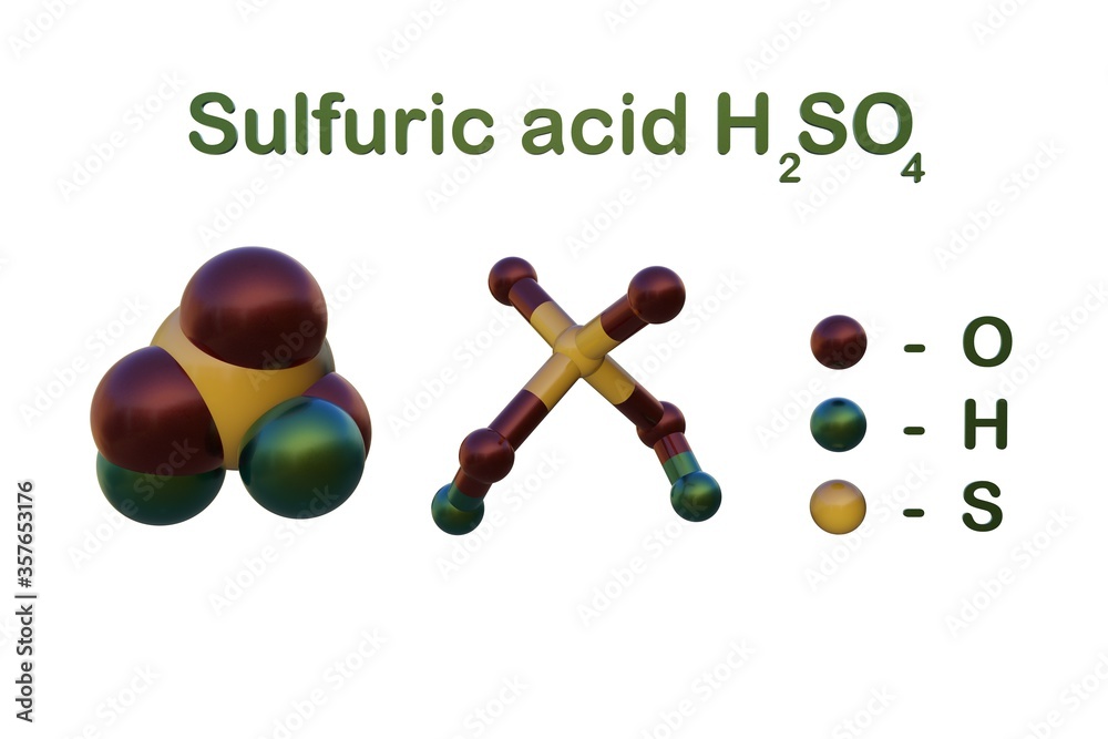 Structural chemical formula and molecular model of sulfuric acid, a ...