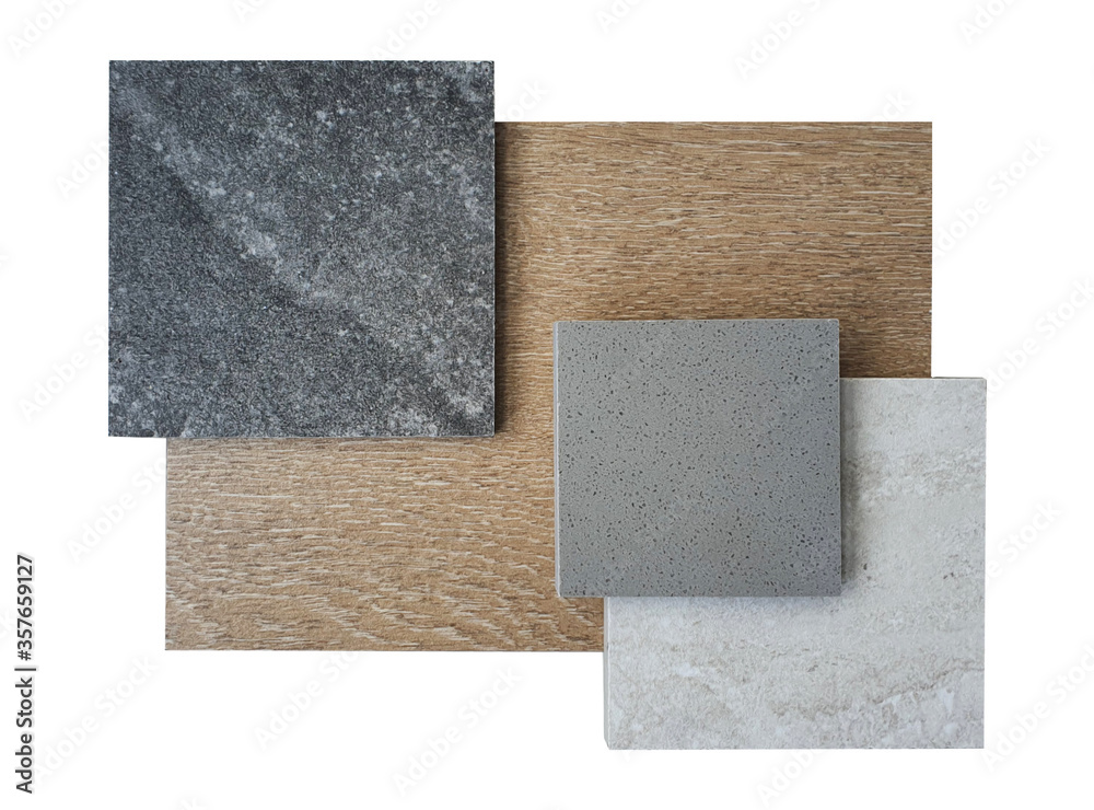 top view of interior material board contains black marble tile ...