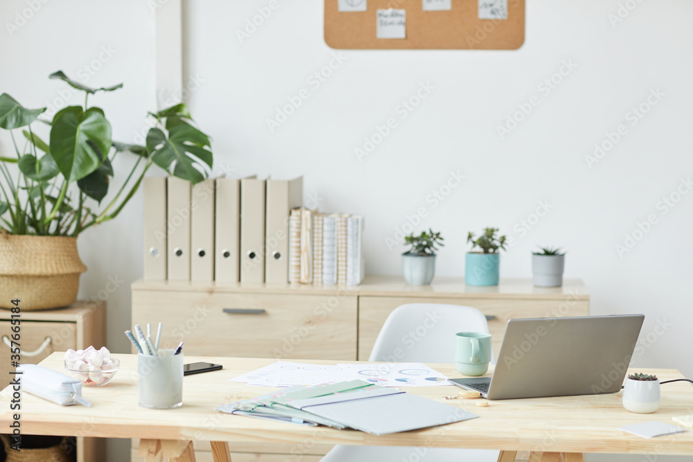 Minimal background image of clean home office interior with wooden desk ...