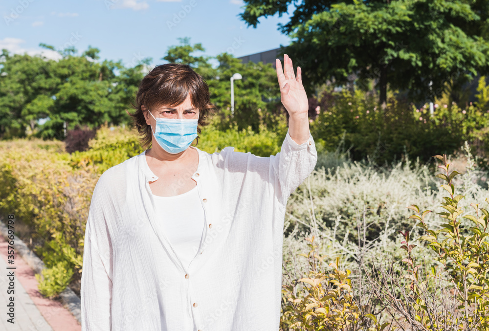 New normal. Social distance. Two people greet each other while ...