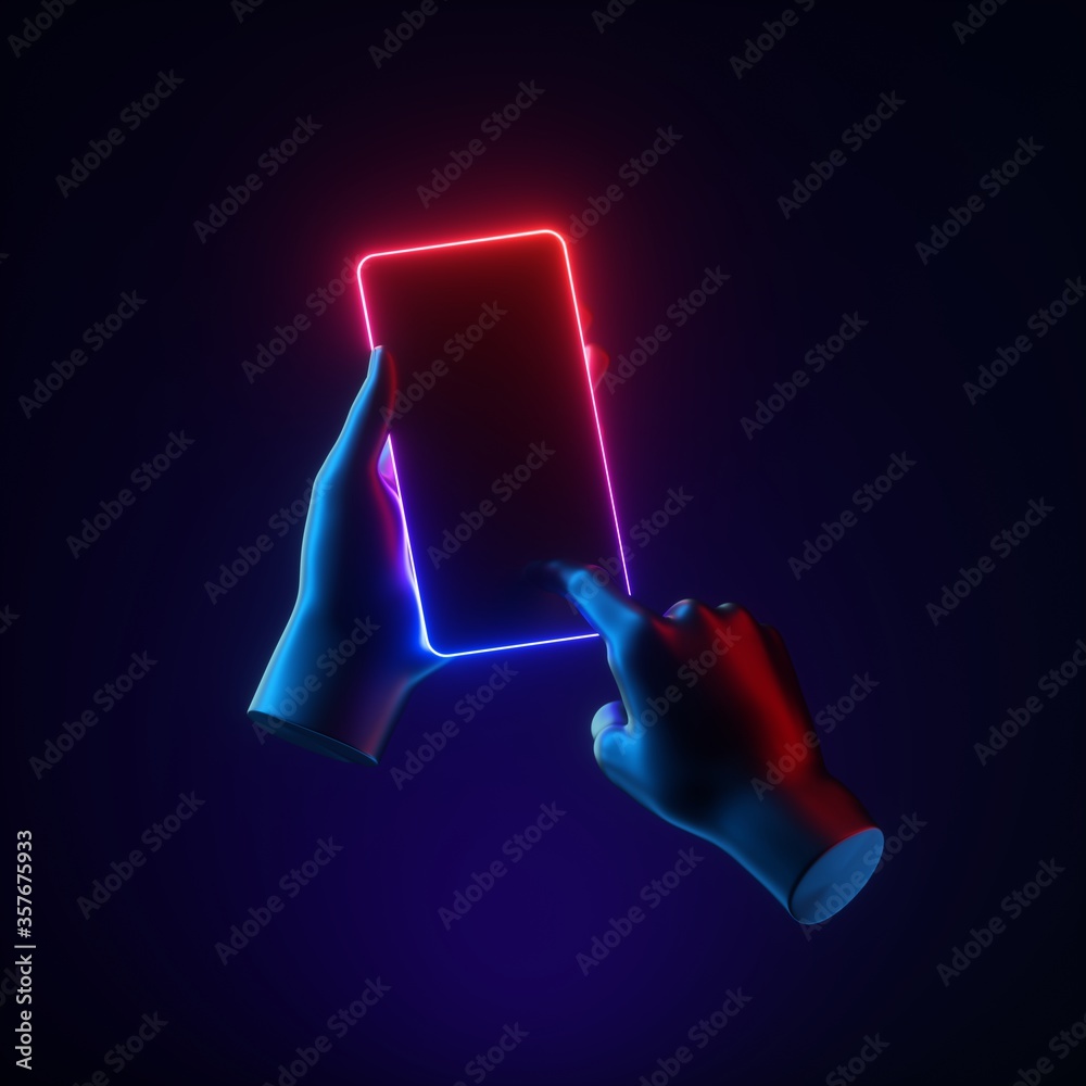 3d render mannequin hands hold smart phone gadget. Minimal futuristic ...
