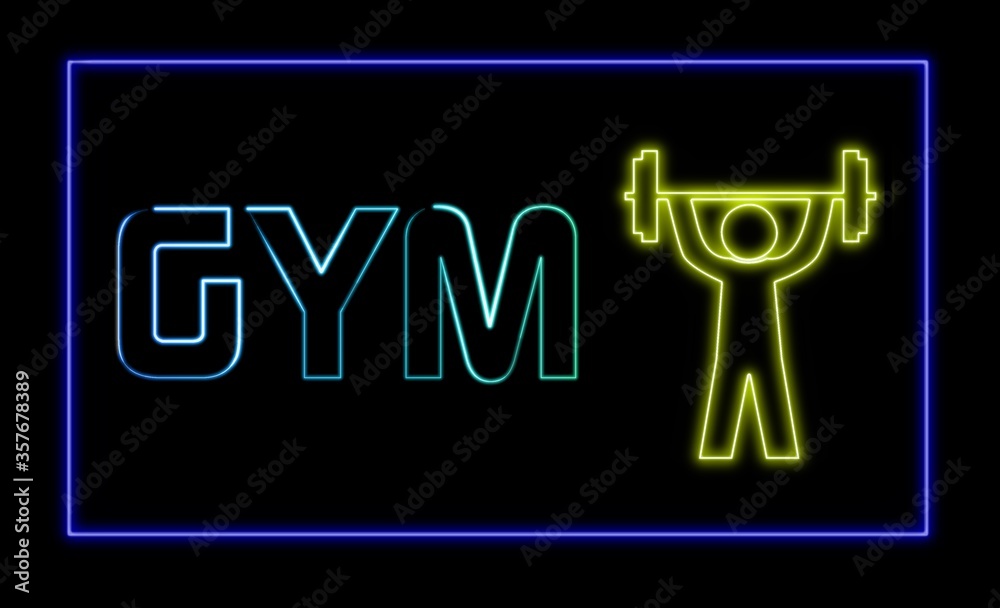 Palabra Gym con efecto neón y la silueta de un hombre levantando pesas ...