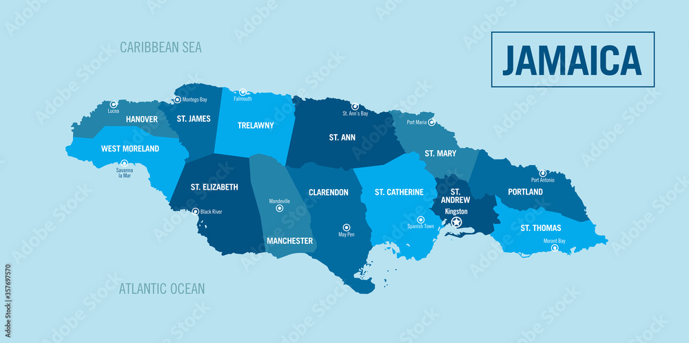 Jamaica country, island, political map. Detailed vector illustration ...
