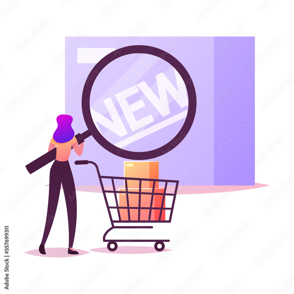 Product Life Cycle. Tiny Customer Female Character Look in Magnifier on ...