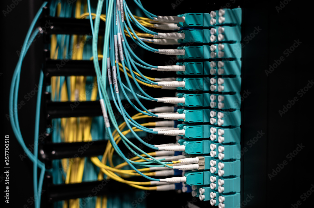 Fiber optic cables and connectors in a data center network patch panel ...